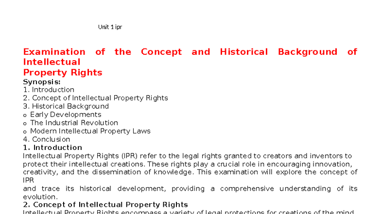 IPR LAW UNIT 1: Examination of Intellectual Property Rights and ...