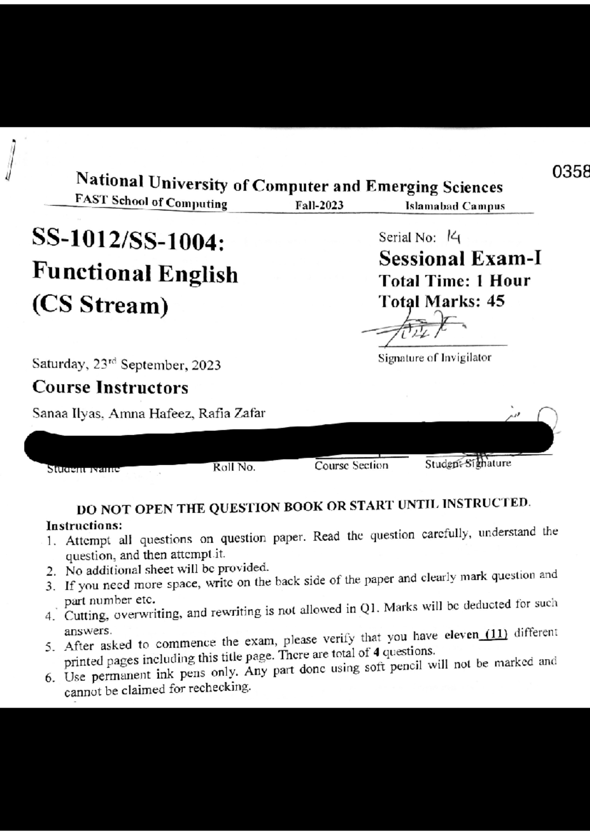 Functional English Sessionals (Fall-23) (BS-CS) Exam Paper - Studocu