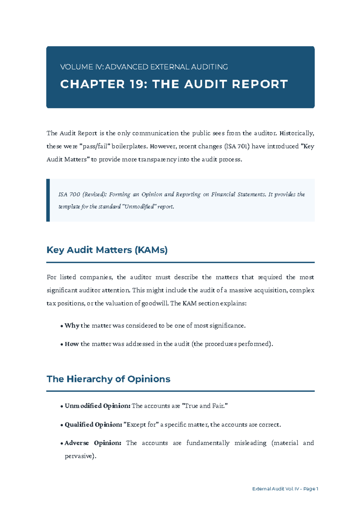 VOLUME IV: ADVANCED EXTERNAL AUDITING CH. 19 - THE AUDIT REPORT - Studocu