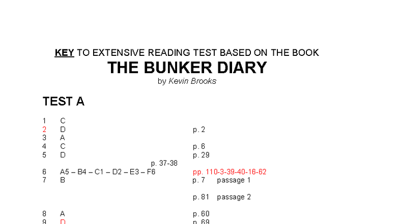 KEY TO EXTENSIVE READING TEST A: THE BUNKER DIARY - Studeersnel