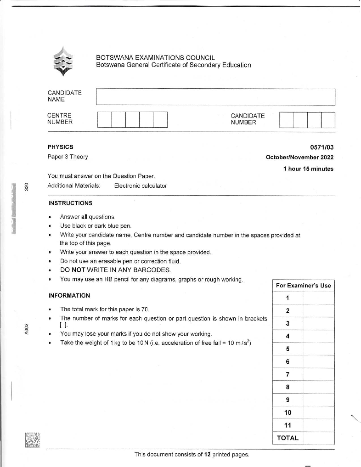 Bgcse Physics Paper 3 Exam 2022 - Botswana Certificate - Studocu