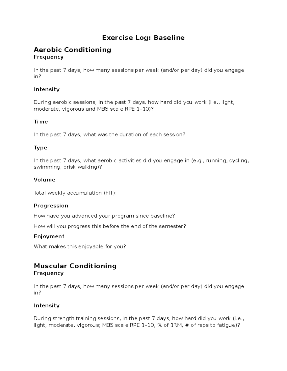 Exercise Log: Midpoint Review of Aerobic & Muscular Conditioning 2025 ...