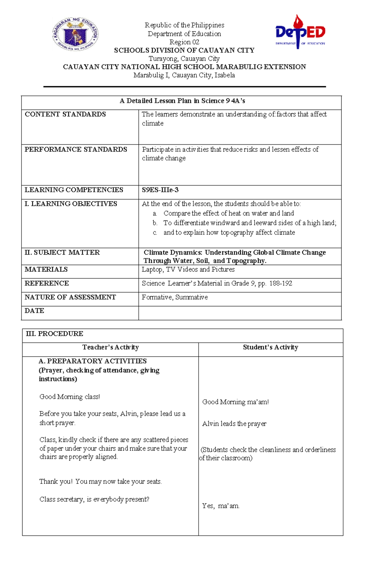 DLP SCI 9 Detailed Lesson Plan on Climate Dynamics and Change - Studocu