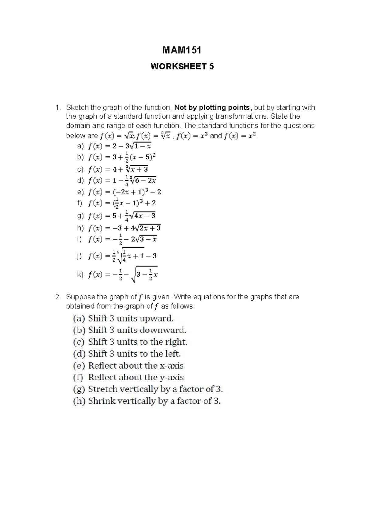 Worksheet 5 mam151 - knowing domains and range of graphs without ...