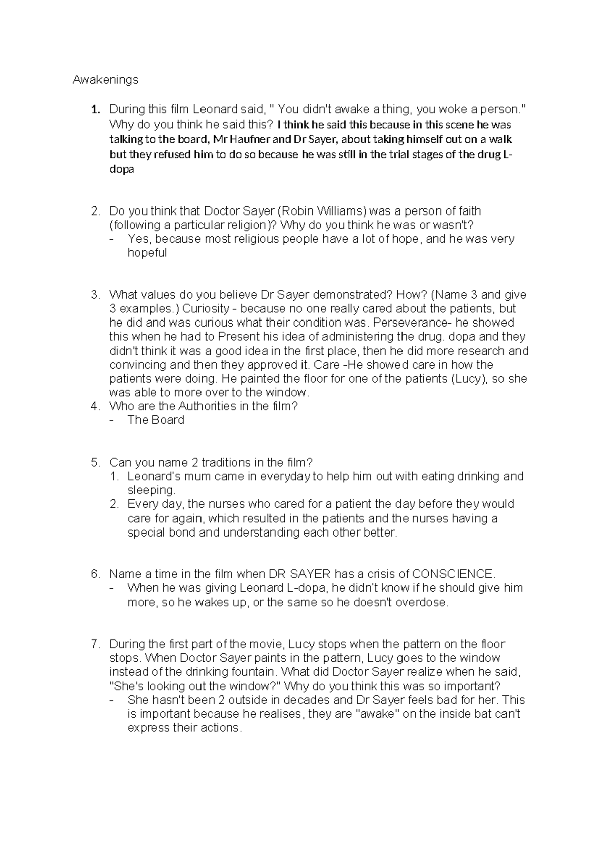 Awakenings Film Analysis Questions and Insights for ENG 101 - Studocu