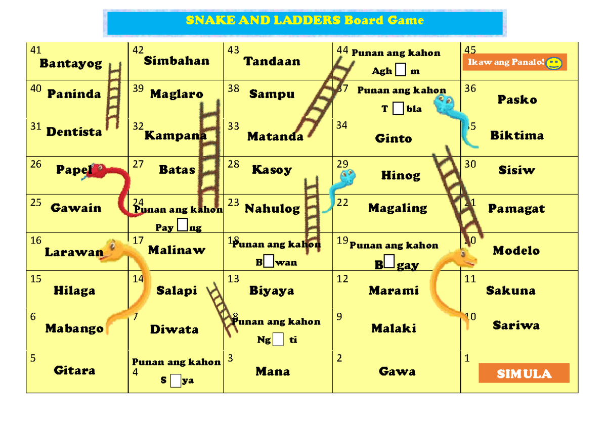 Snake and ladders Filipino - 41 42 43 44 45 40 39 38 37 36 31 32 33 35 ...