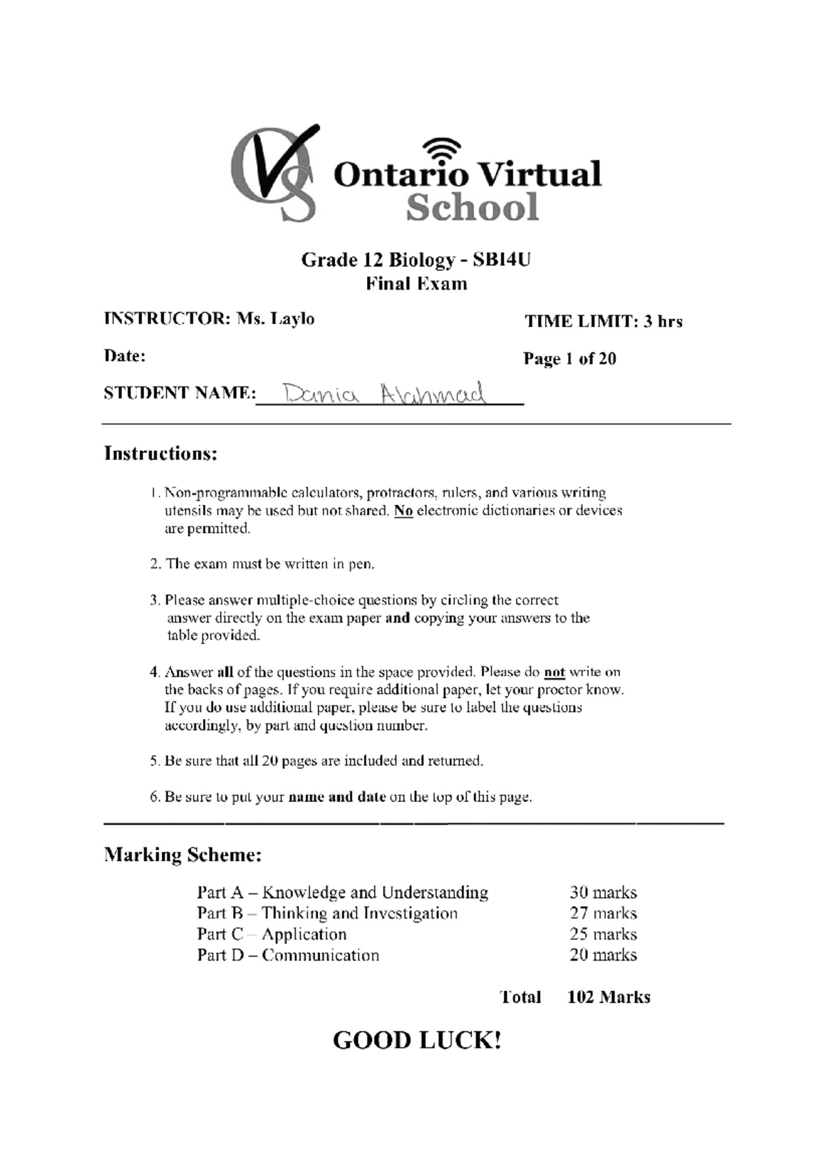SBI4U Final Exam Study Guide - Grade 12 Biology Exam - Studocu