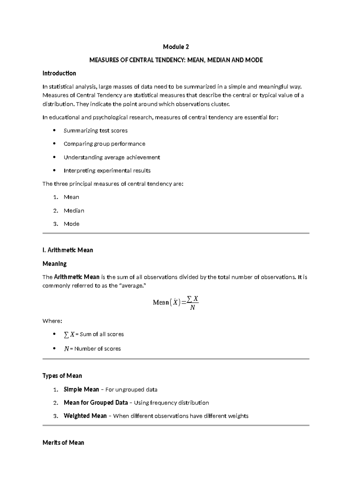Module 2 - Measures of Central Tendency & Variability Notes - Studocu