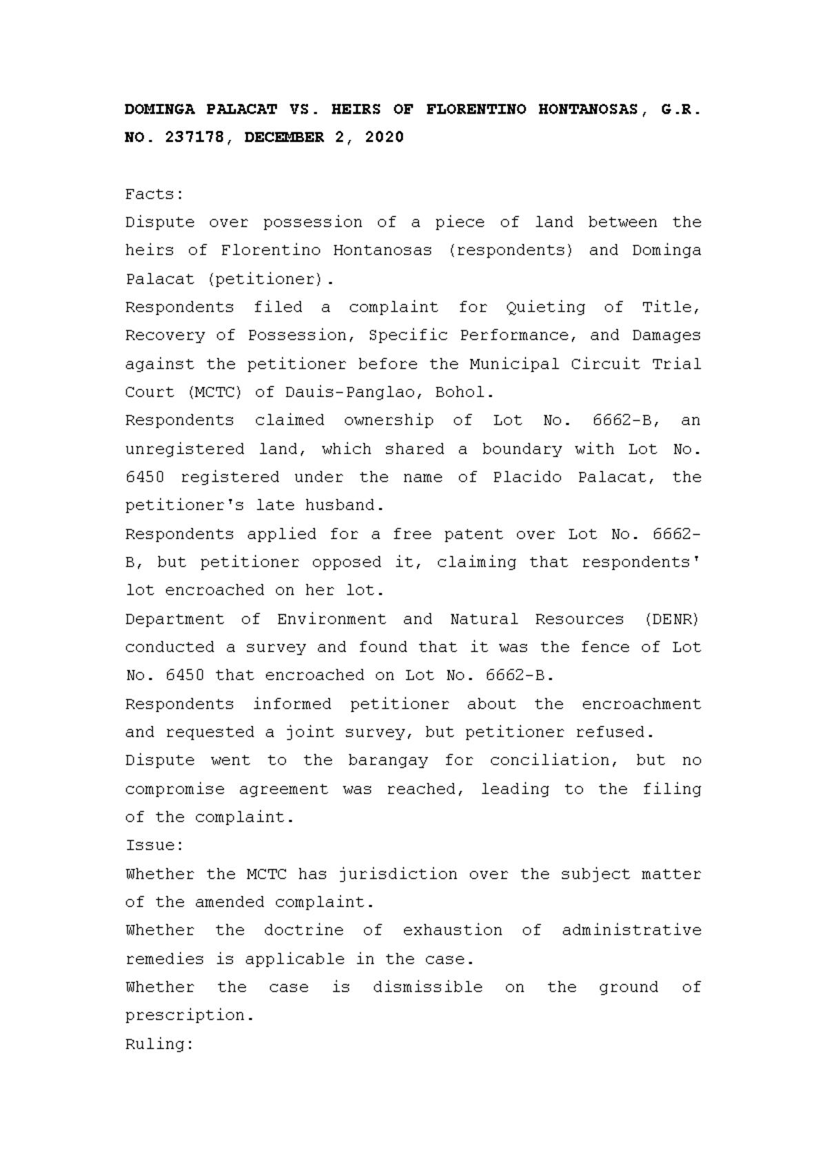 G.R. No. 237178: Case Summary of Dominga Palacat vs. Heirs of ...
