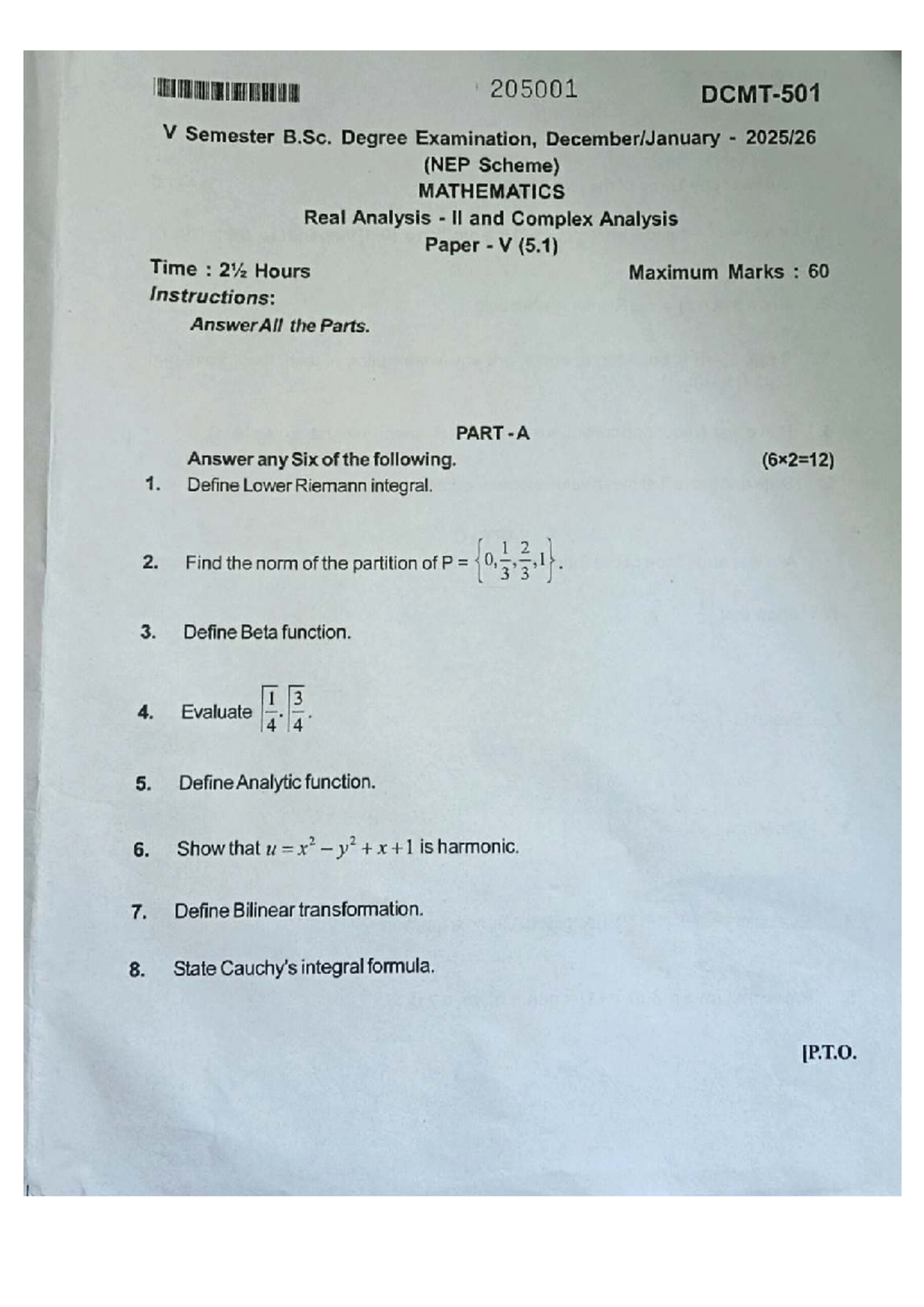 205001 B.Sc. 5th Sem Exam: Real & Complex Analysis (Paper V) - Studocu
