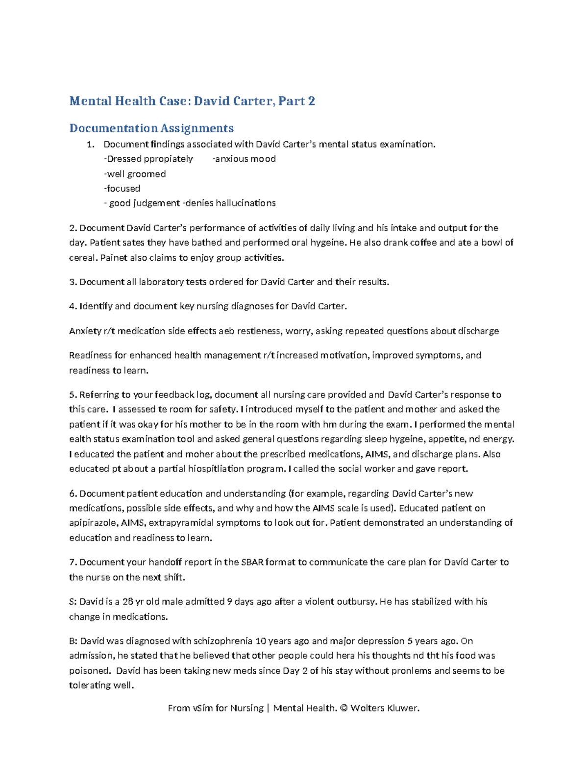 Mental Health Case Study: David Carter Documentation (V Sim2) - Studocu