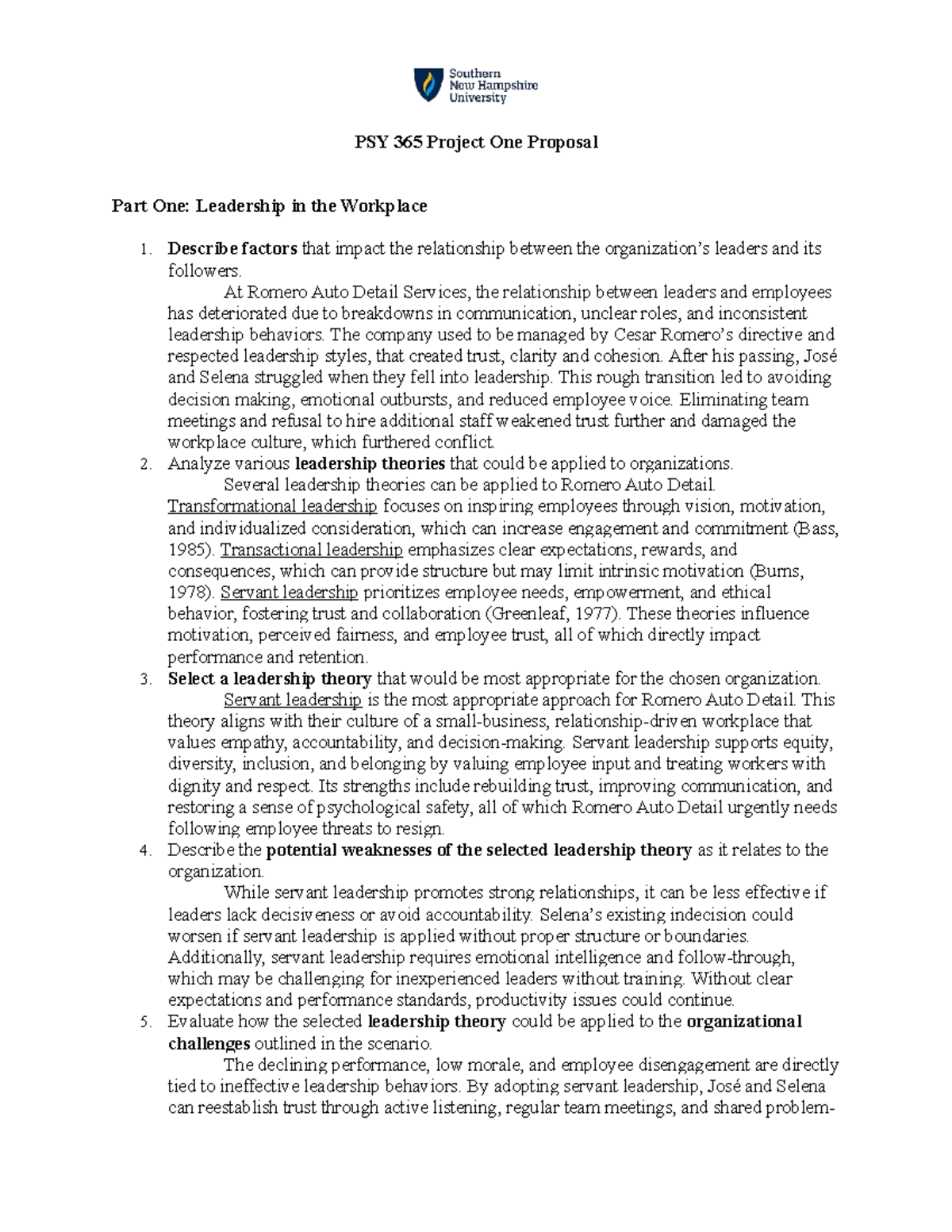 PSY 365 Project One Proposal: Leadership & Motivation Strategies at ...