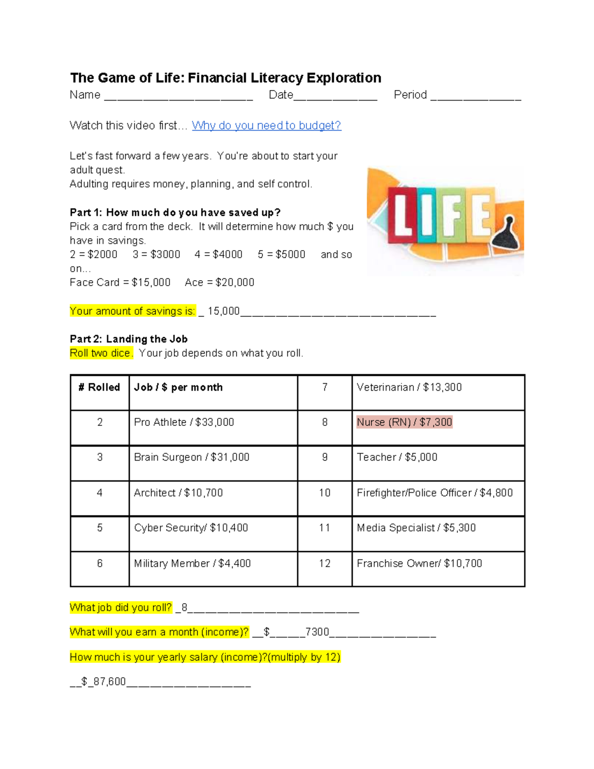 The Game of Life: Financial Literacy Exploration (Final Project) - Studocu