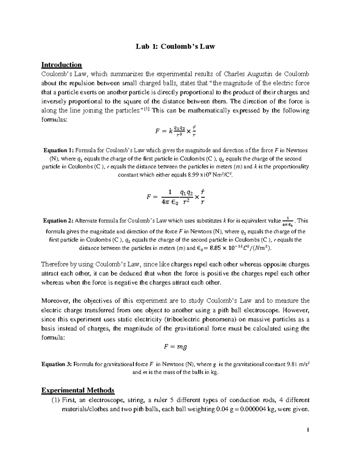Lab 1: Coulomb's Law - Experimental Analysis and Results Report - Studocu