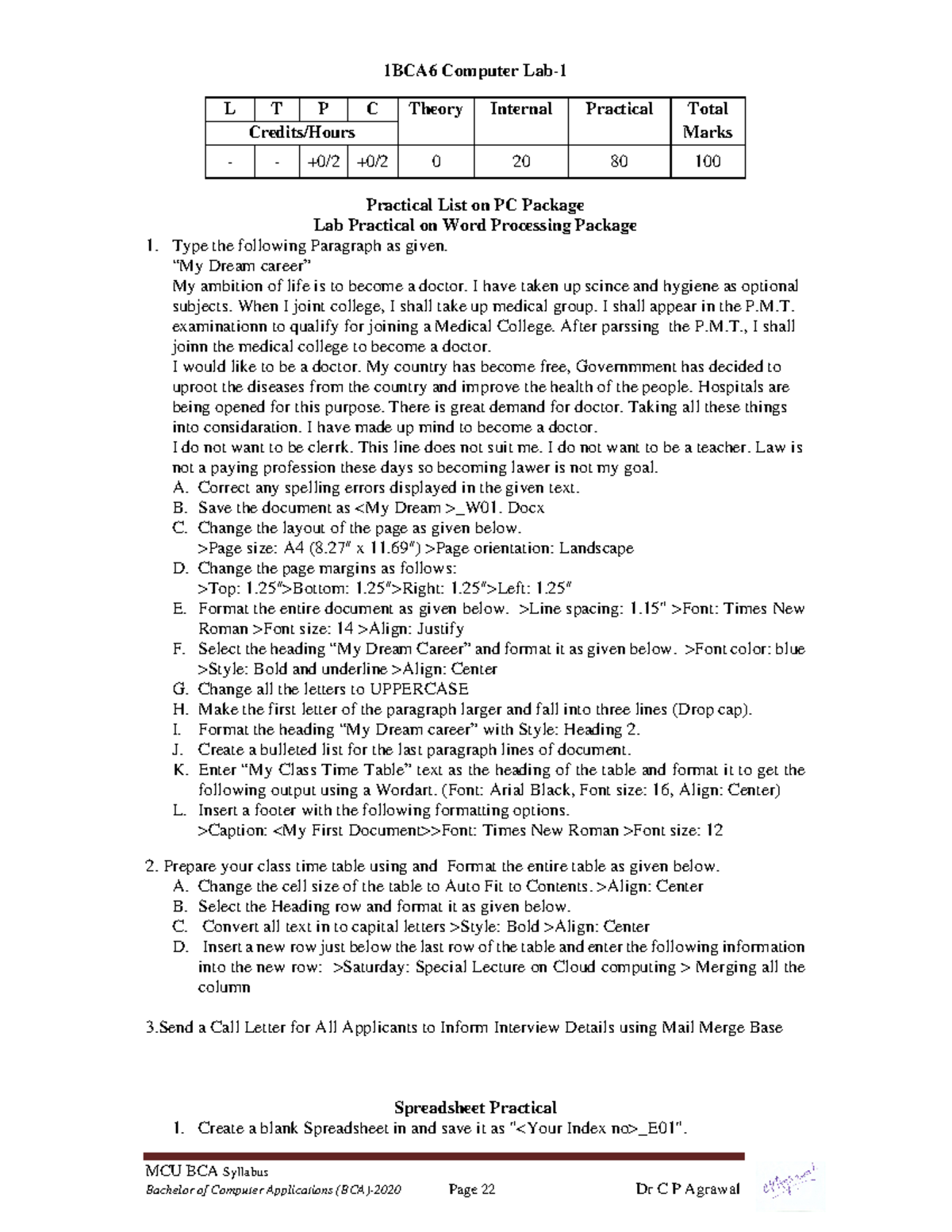 BCA I SEM Practical Lab Notes on Word Processing & Spreadsheet - Studocu