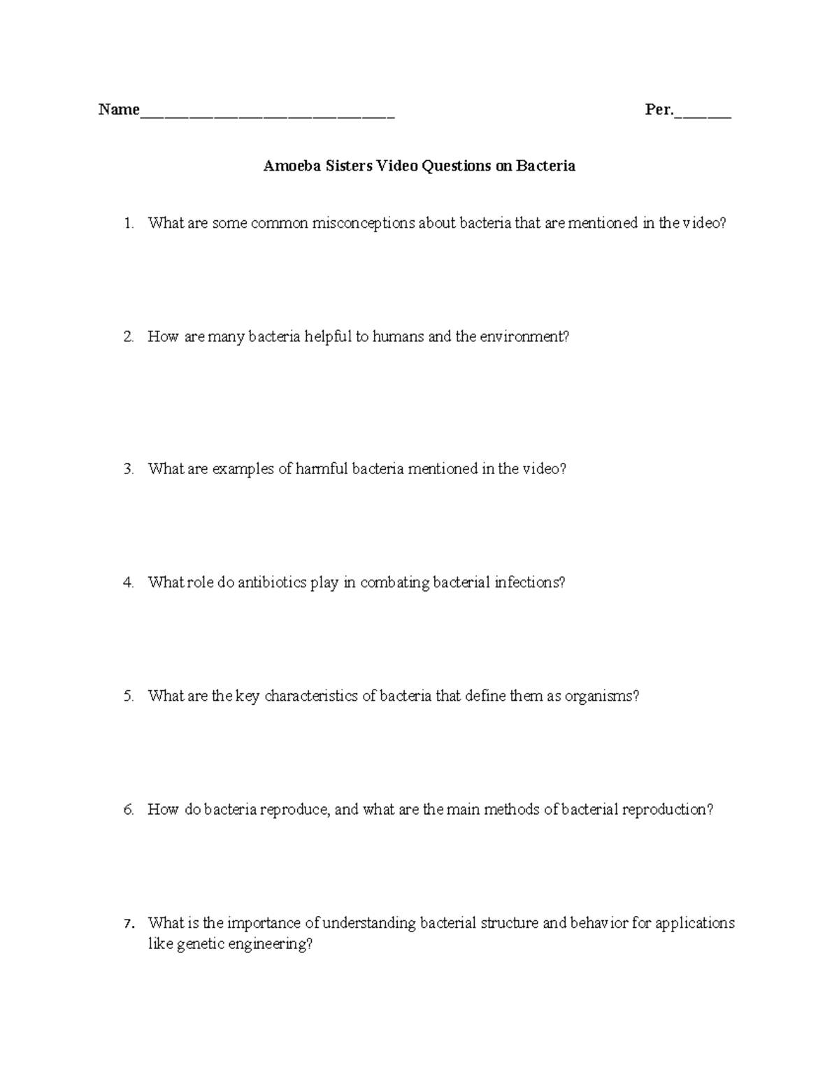 Amoeba Sisters Video Questions on Bacteria & Antibiotics - Name