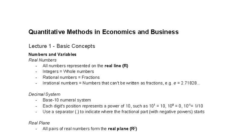 Quantitative Methods in Economics and Business Lecture 1: Basic ...