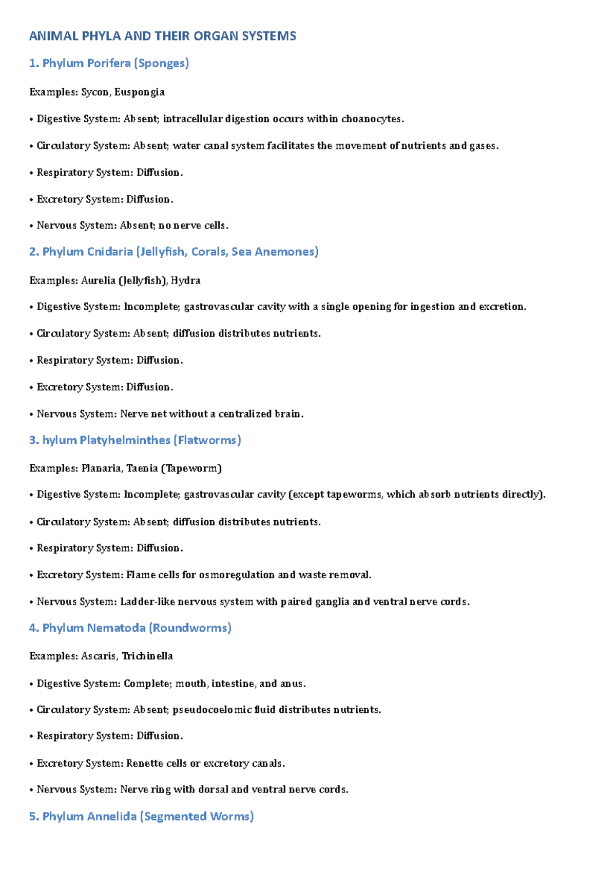 ANIMAL PHYLA AND THEIR ORGAN SYSTEMS - BIO 101 Lecture Notes - Studocu