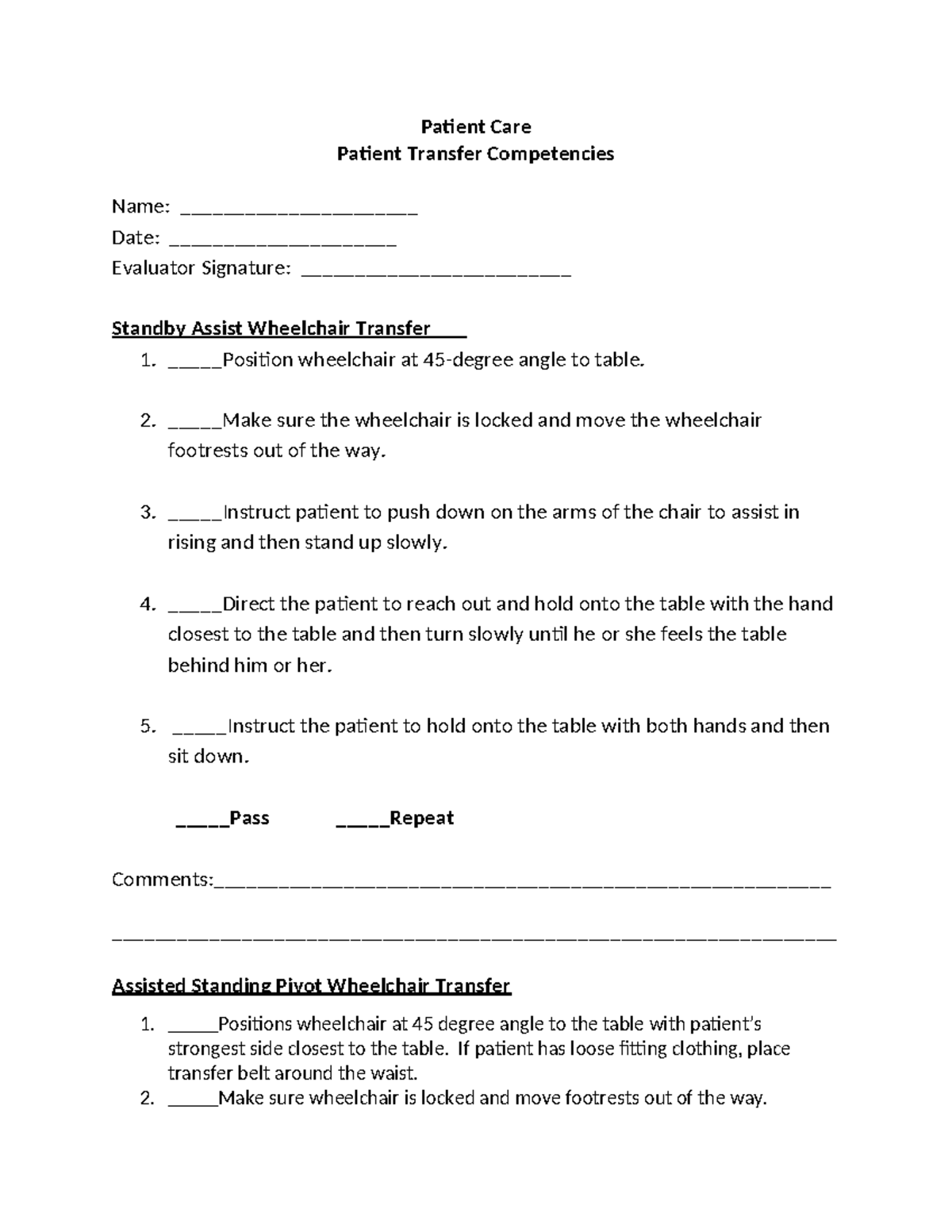 Patient Transfer Lab-1: Competencies and Techniques Guide - Studocu