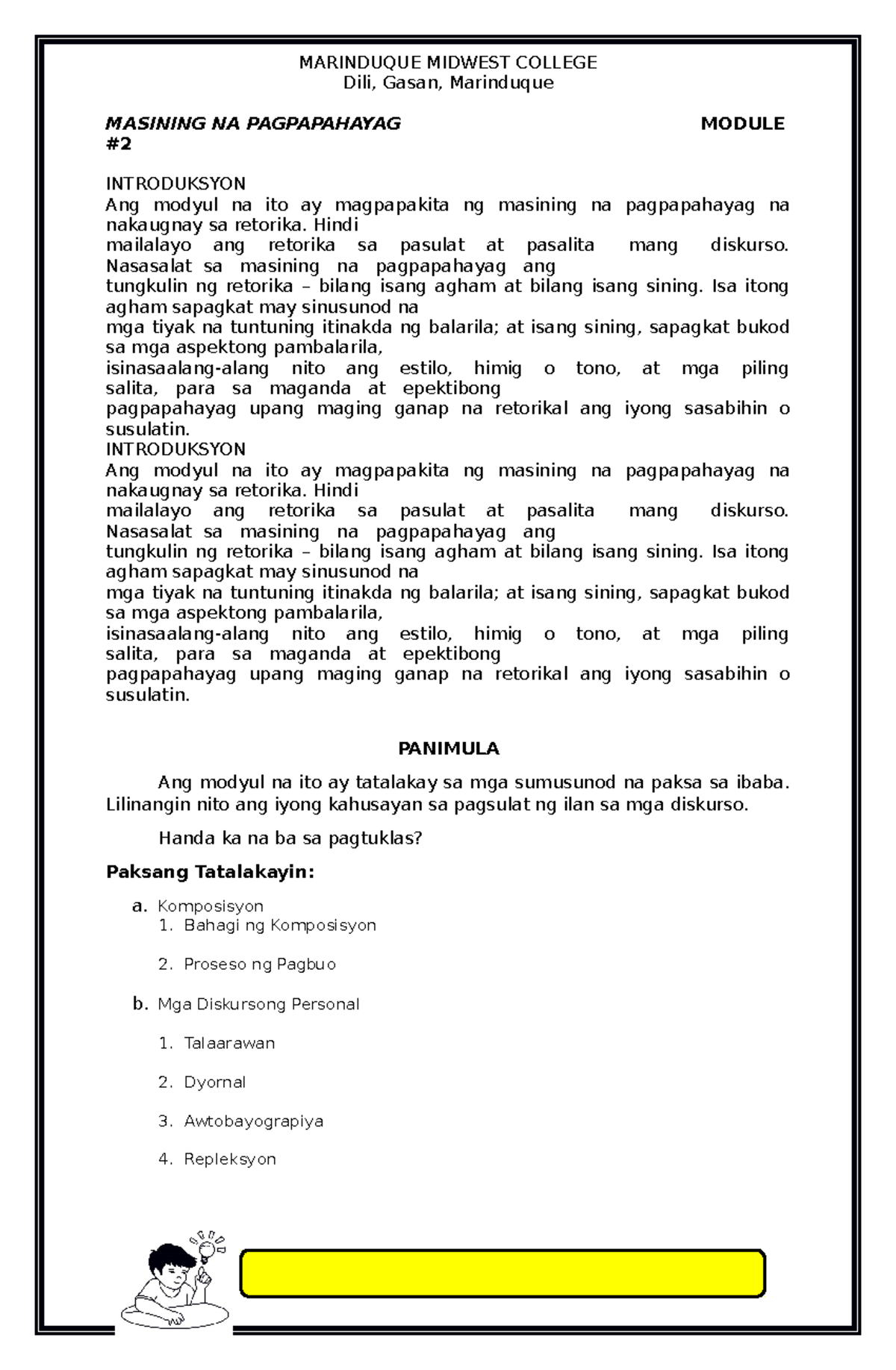 Masining na Pagpapahayag Module 2 - Dili, Gasan, Marinduque MASINING NA ...