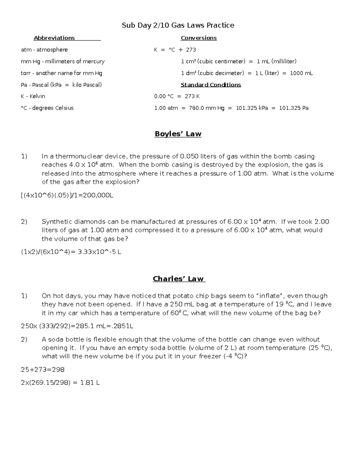 Sub day 2-10 gas laws practice - Sub Day 2/10 Gas Laws Practice ...