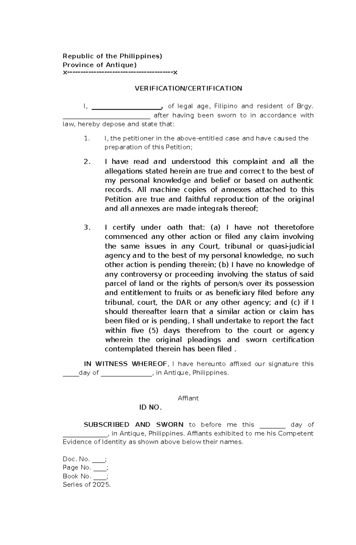 Verification Sample for Legal Petition in Antique, Philippines - Studocu
