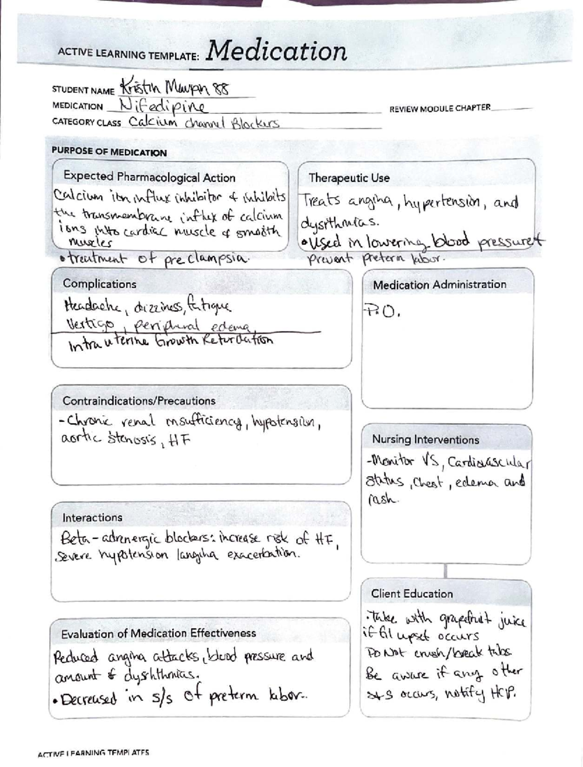 Nifedipine - n/a - ACTIVE LEARNING TEMPLATE: Medication ~~~-=-===- STU ...