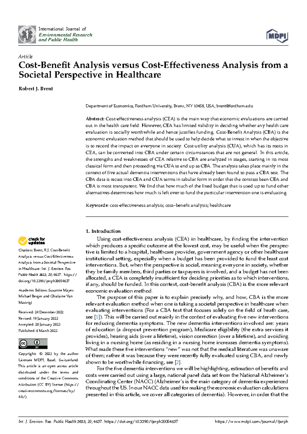 **CBA vs CEA: An Economic Evaluation in Healthcare (Int. J. Environ ...