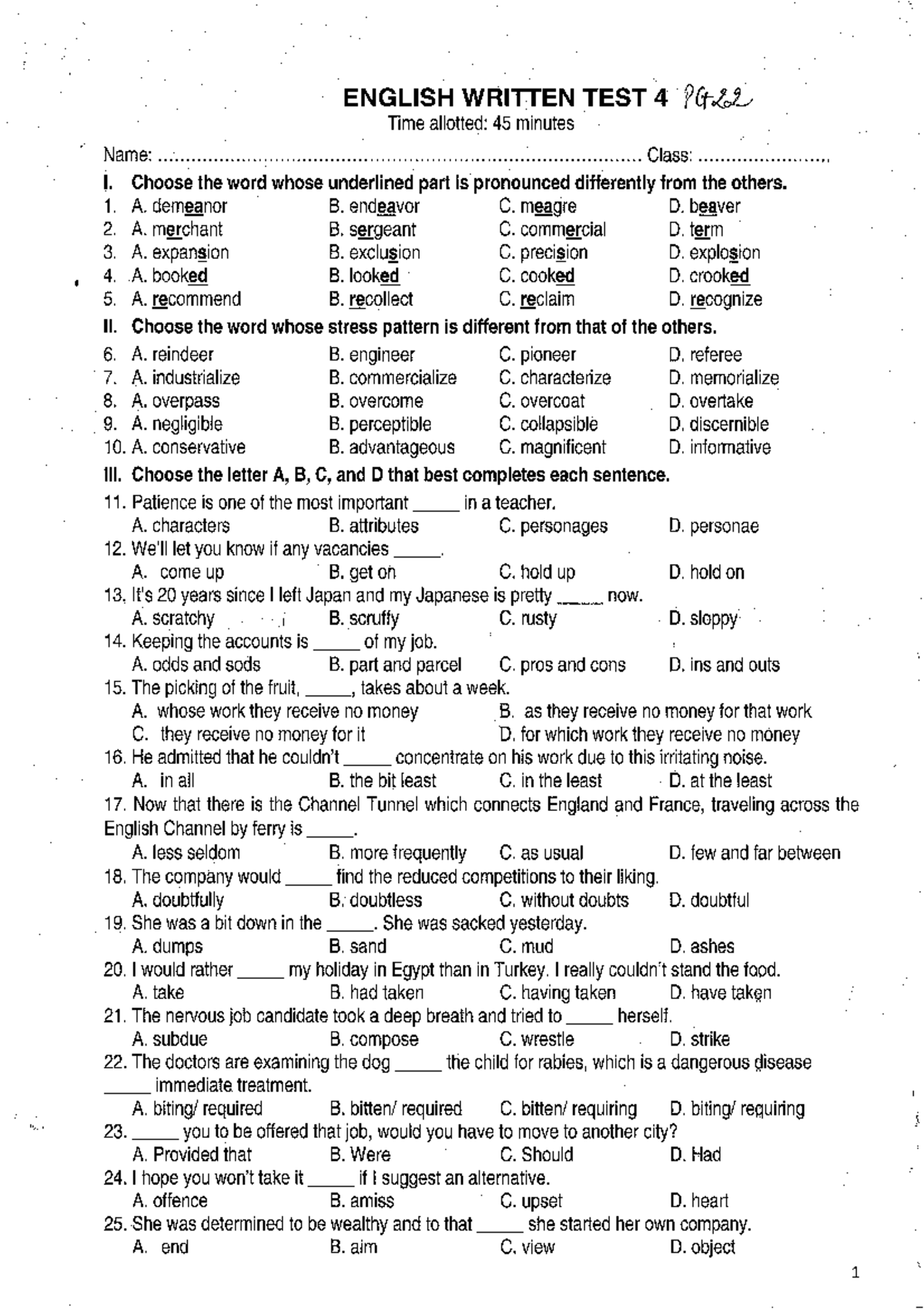 English Written Test 4: Phonetics & Stress Patterns Quiz - Studocu