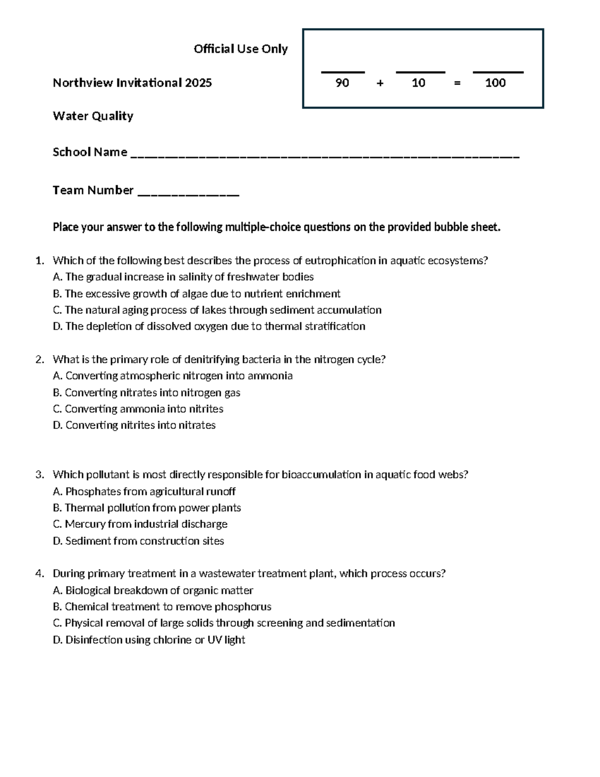 Water Quality Test - Northview Invitational 2025 - Studocu