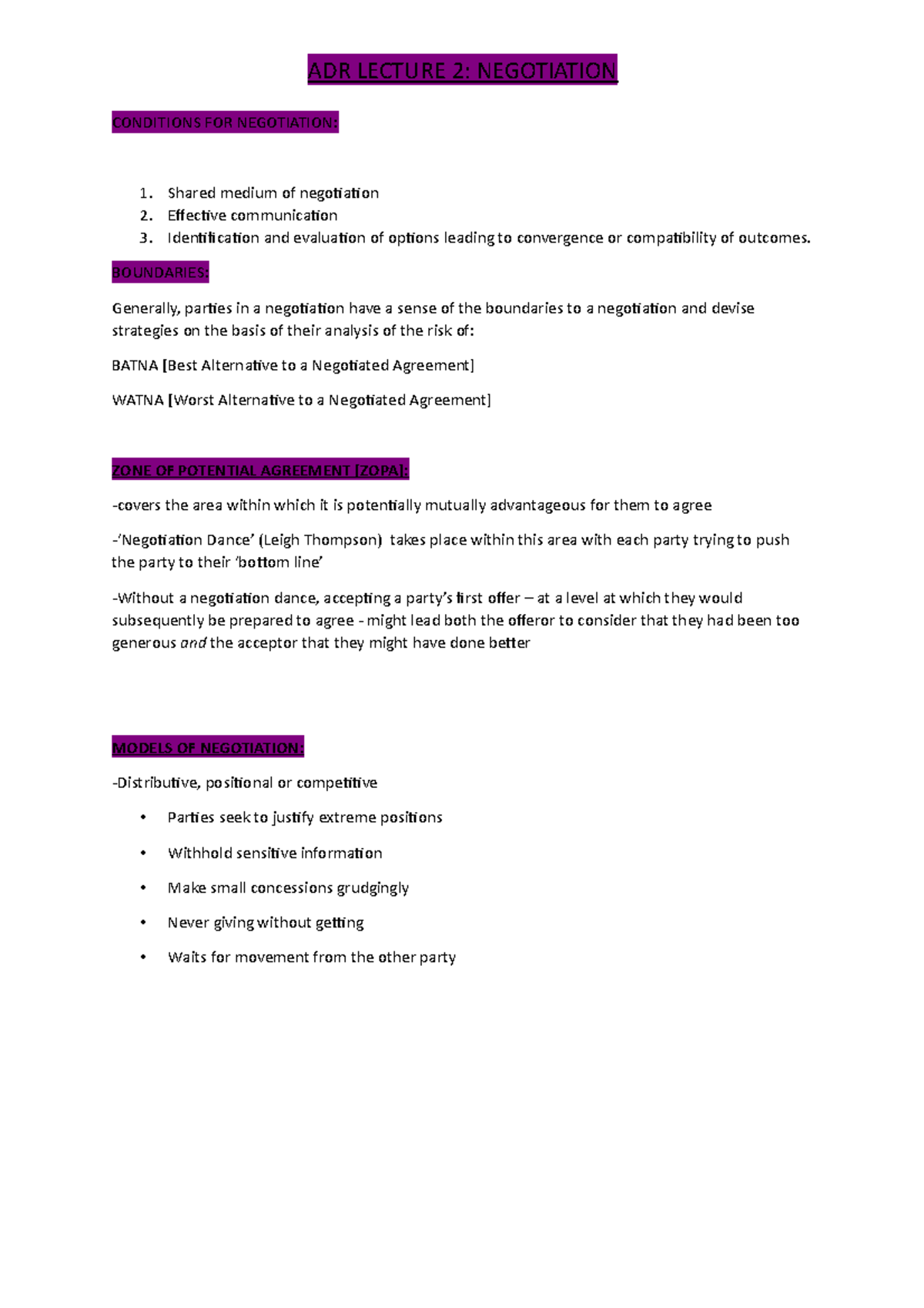ADR Lecture 2: Key Concepts and Models of Negotiation - Studocu