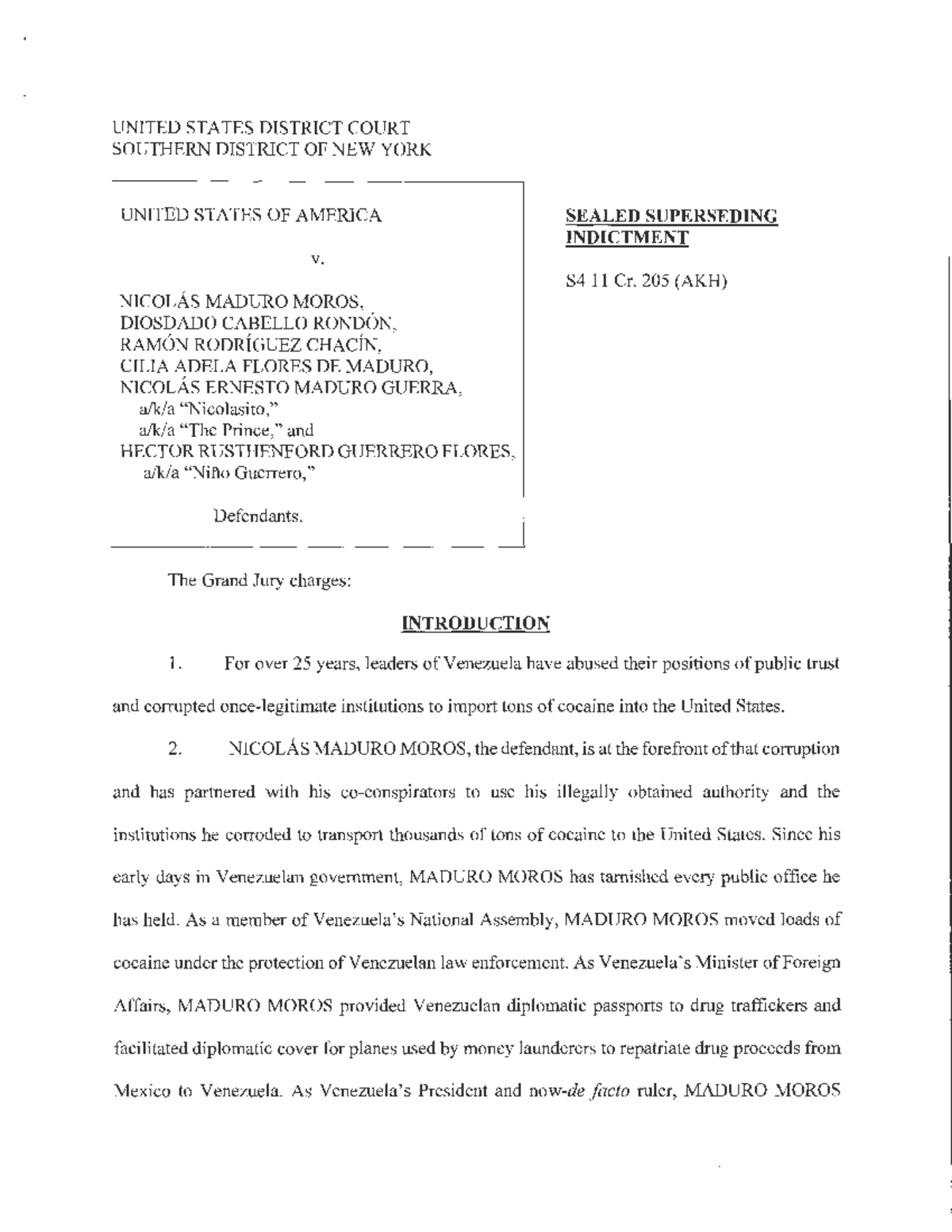 Indictment of Maduro & Associates: Drug Trafficking Conspiracy (S4 11 ...