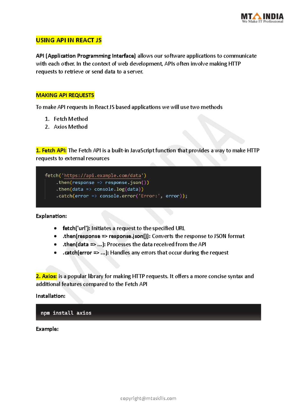 USING FETCH & AXIOS IN REACT JS: API REQUESTS GUIDE - Studocu