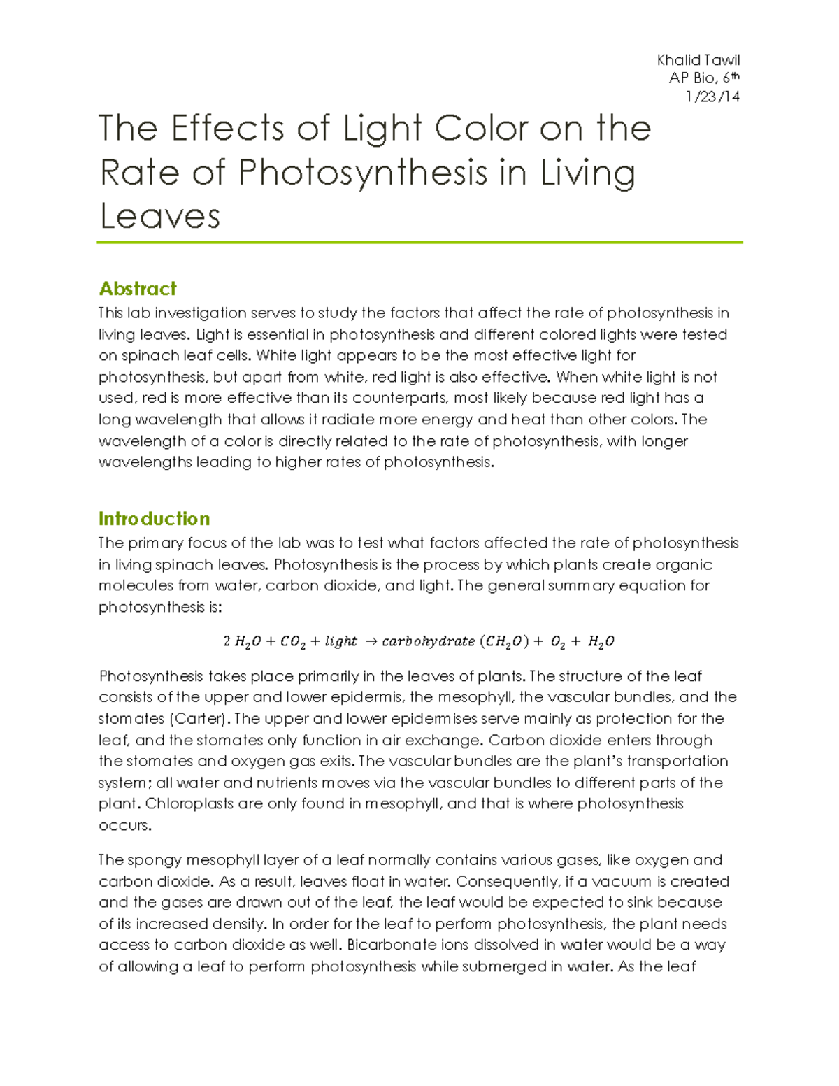 AP Bio Lab Report: Investigating Light Color Impact on Photosynthesis ...