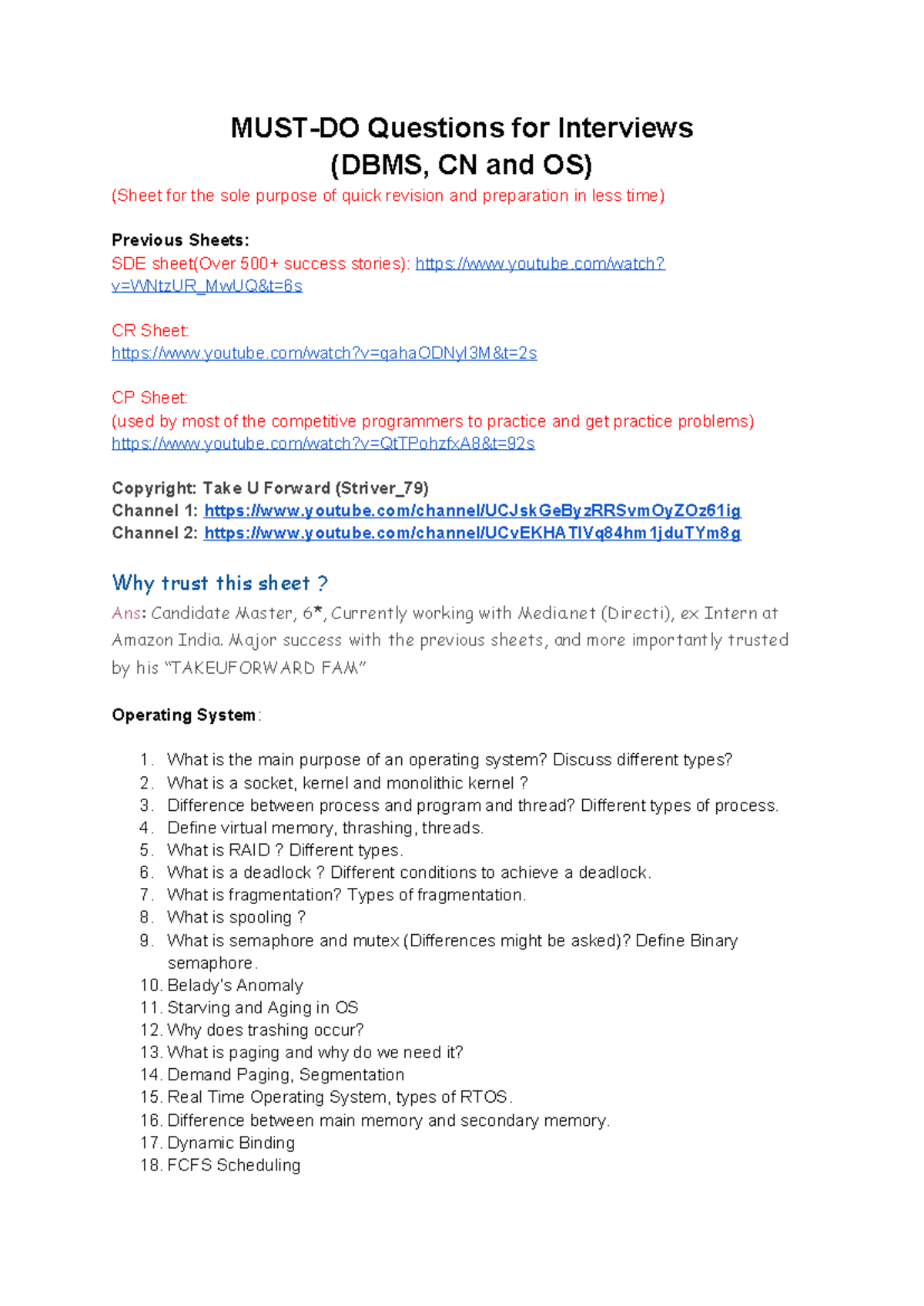 SDE-Sheet(Core)-Striver: Must-Do Interview Qs for DBMS, CN, and OS - Studocu
