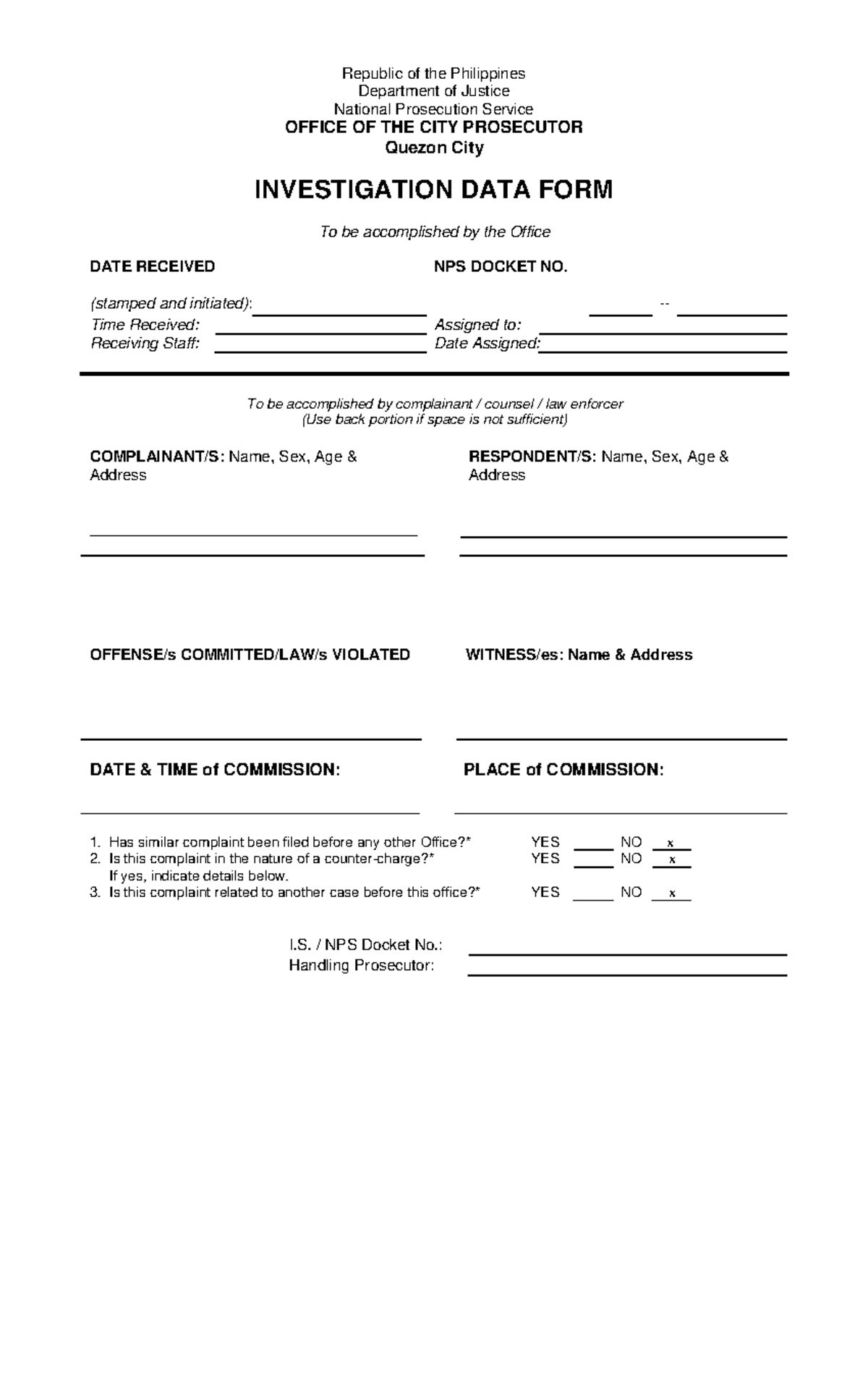 Investigation Data Form - Quezon City Prosecution Service - Studocu