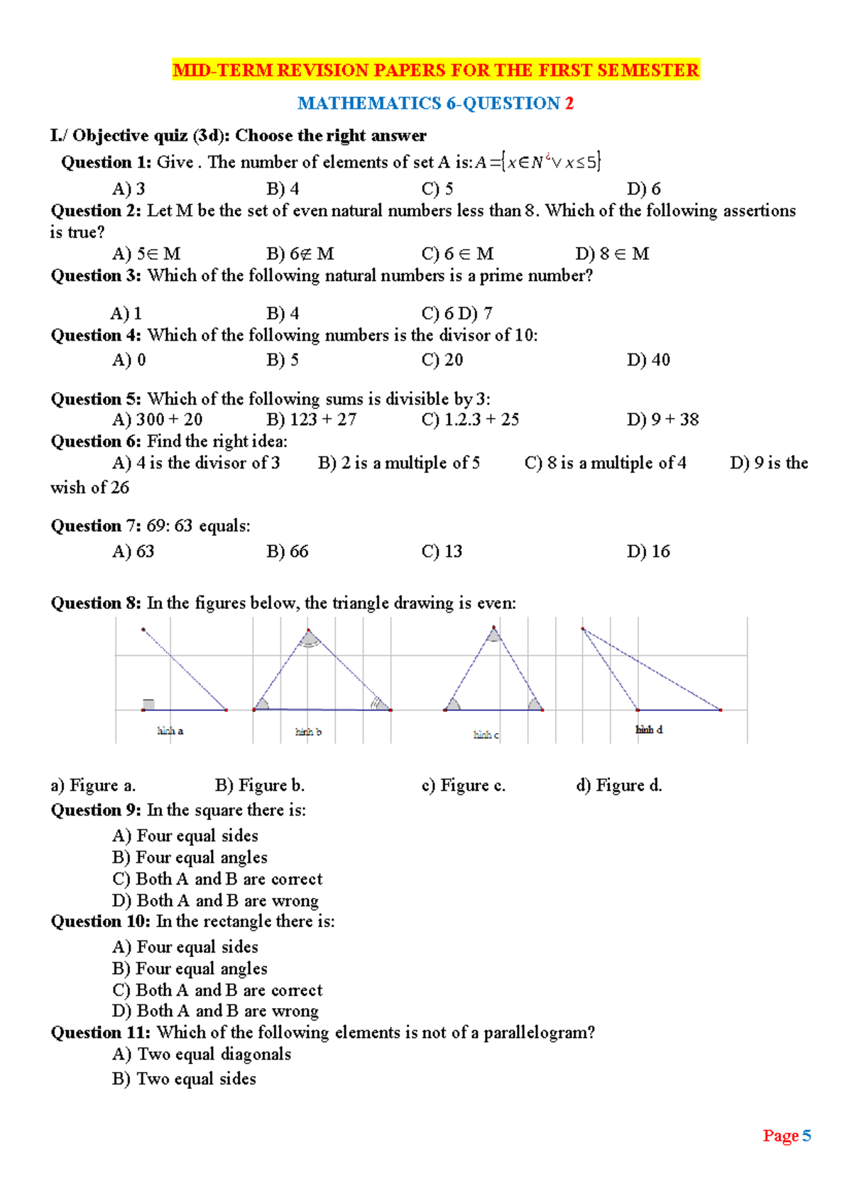 REVISION PAPERS FOR MATH 6: FIRST SEMESTER OBJECTIVE QUIZ - Studocu