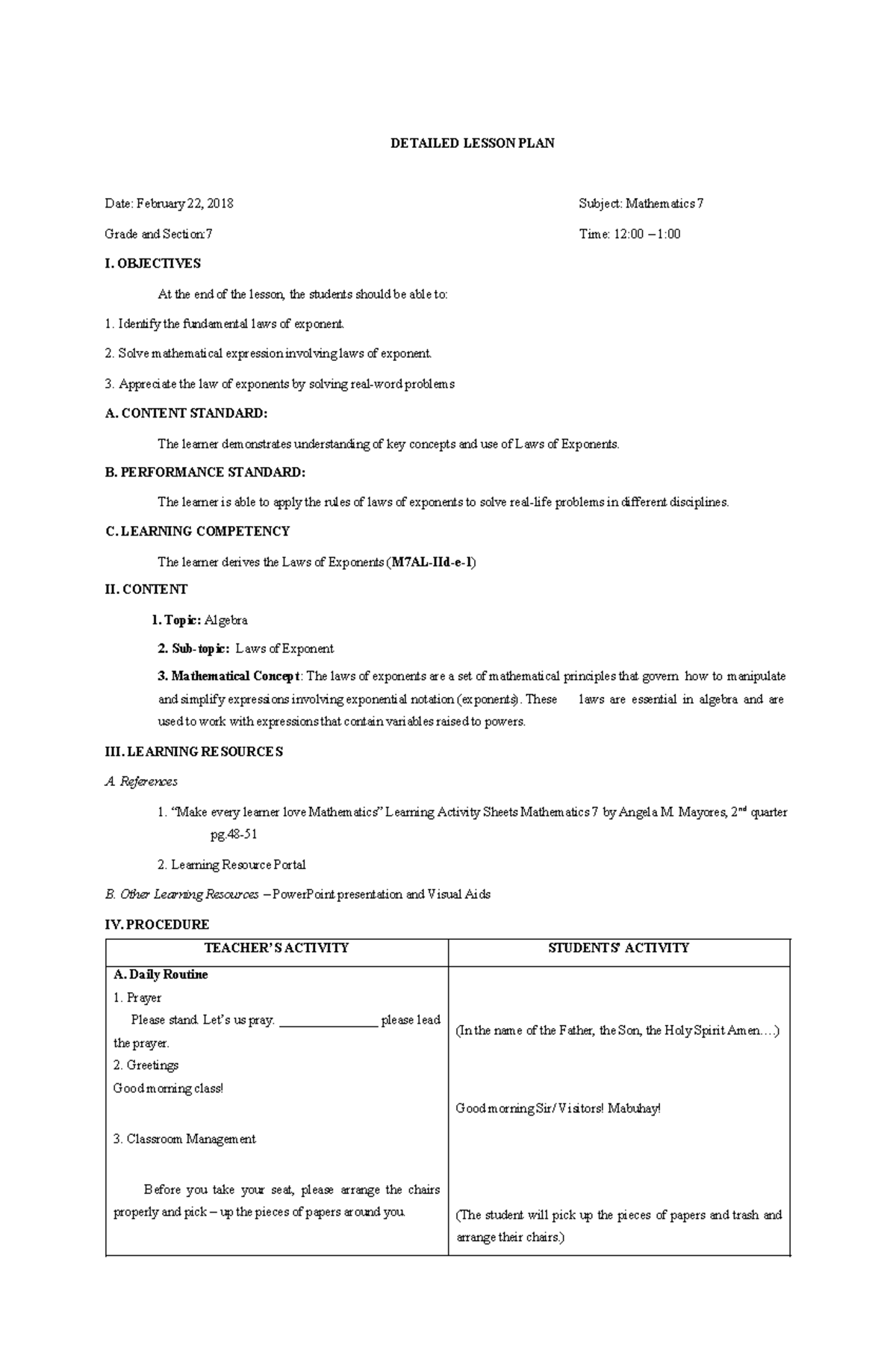 Detailed Lesson Plan in Mathematics 7: Laws of Exponents - Studocu