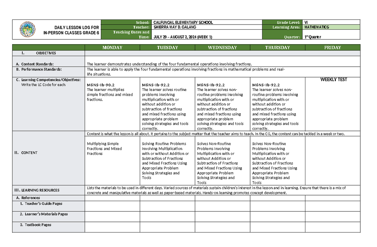 DLL Mathematics 6 Q1 Week 1: Lesson on Fractions and Problem Solving - Studocu