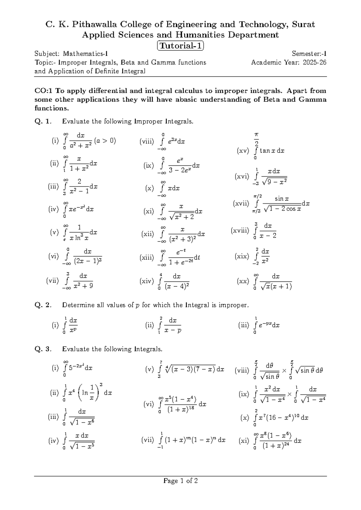 Mathematics-I Tutorial 1: Improper Integrals & Applications (Sem-I ...