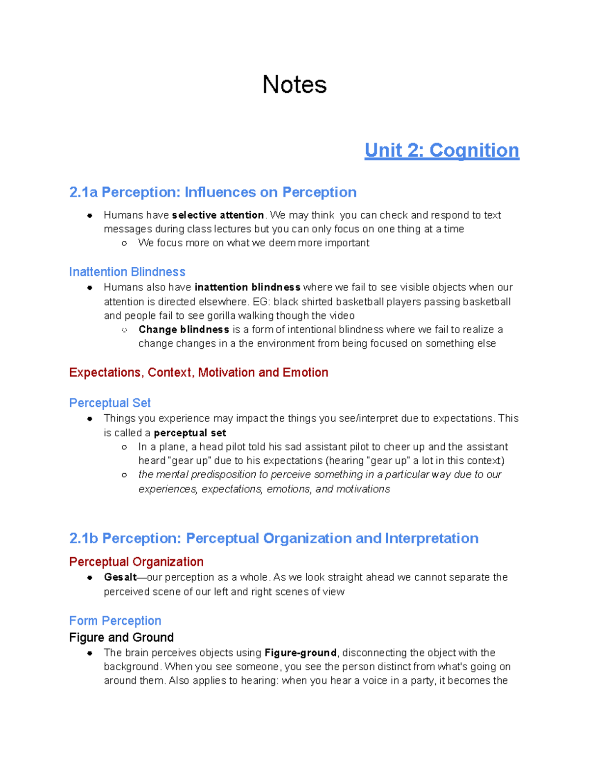 AP Psychology Notes Unit 2: Cognition and Perception Insights - Studocu