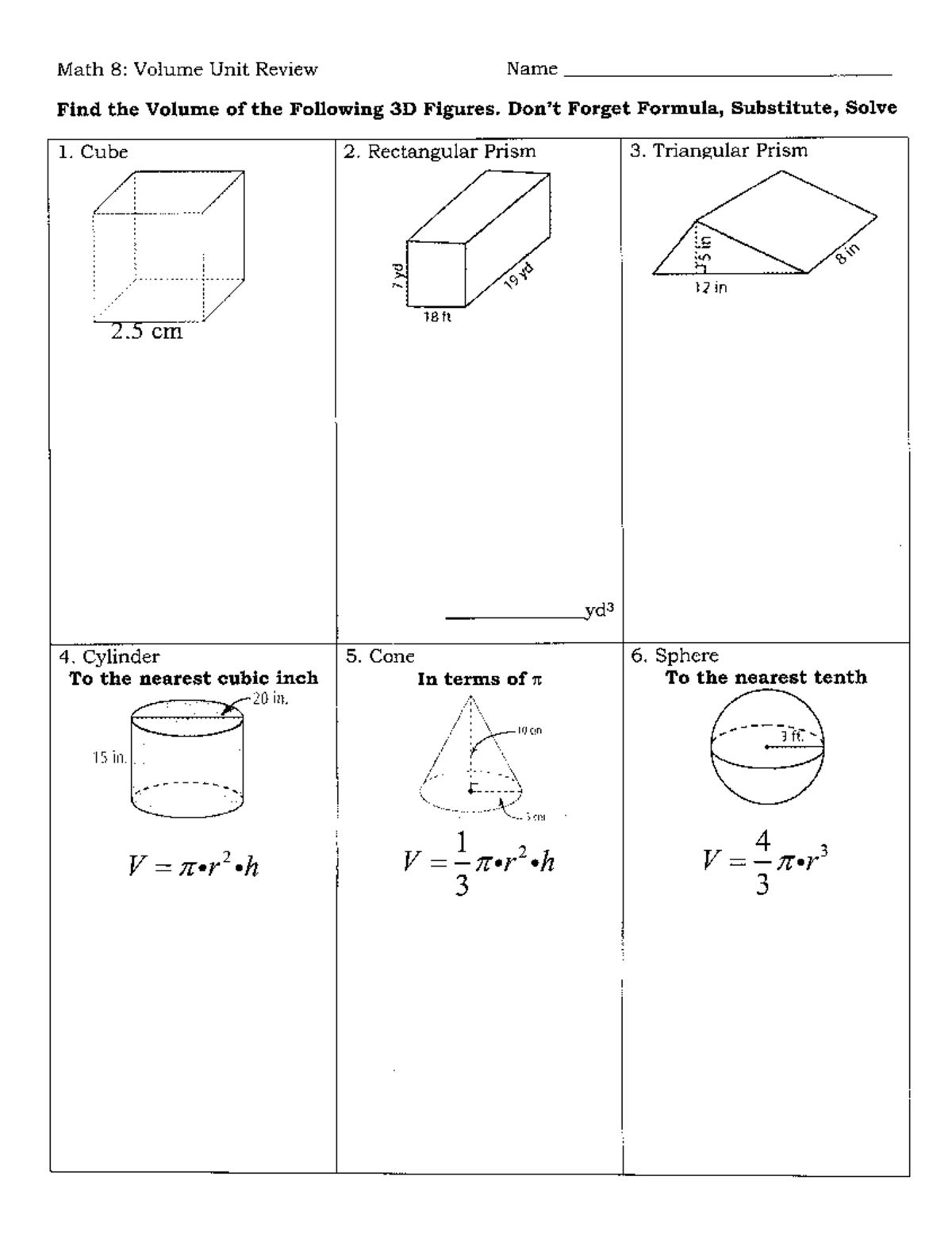 Math 8: Volume Unit Review - Finding Volumes of 3D Figures - Studocu