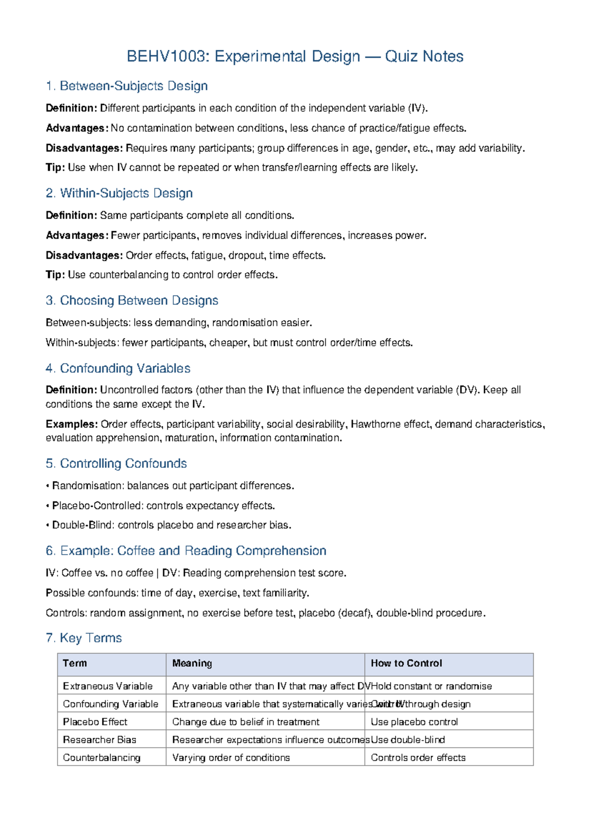 BEHV1003: Quiz Notes on Experimental Design Principles - Studocu