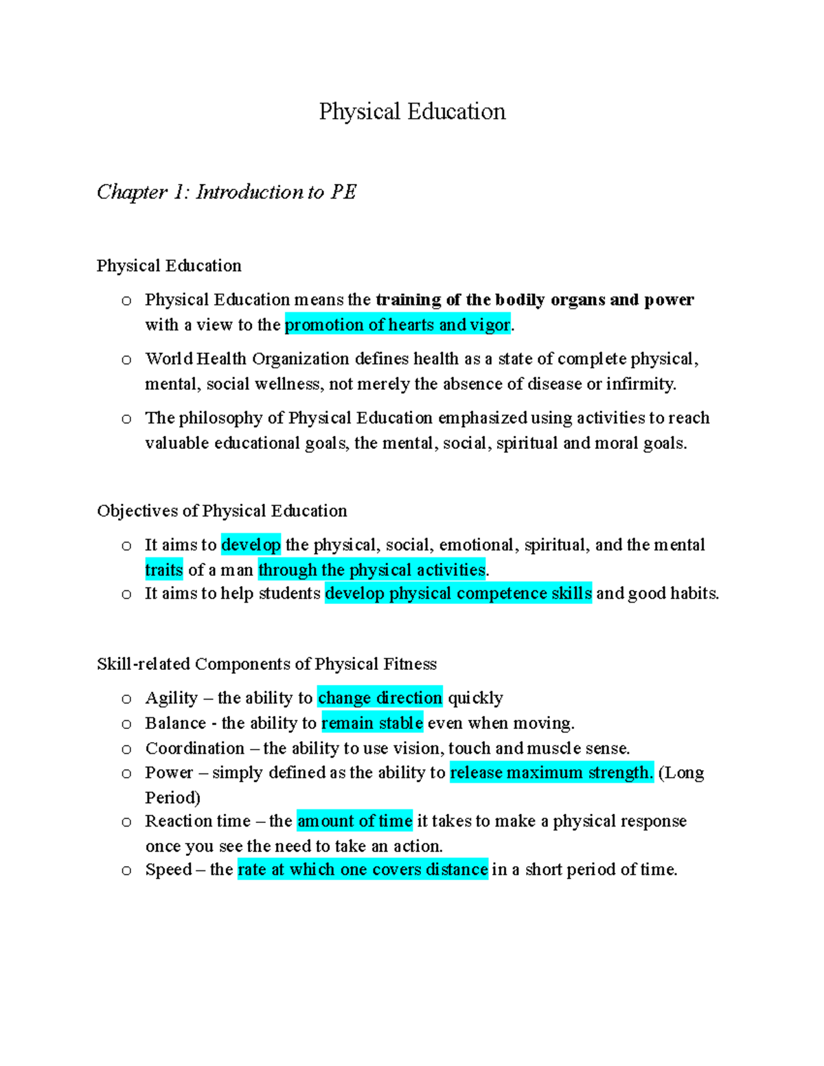 Physical Education - PE notes - Physical Education Chapter 1 ...