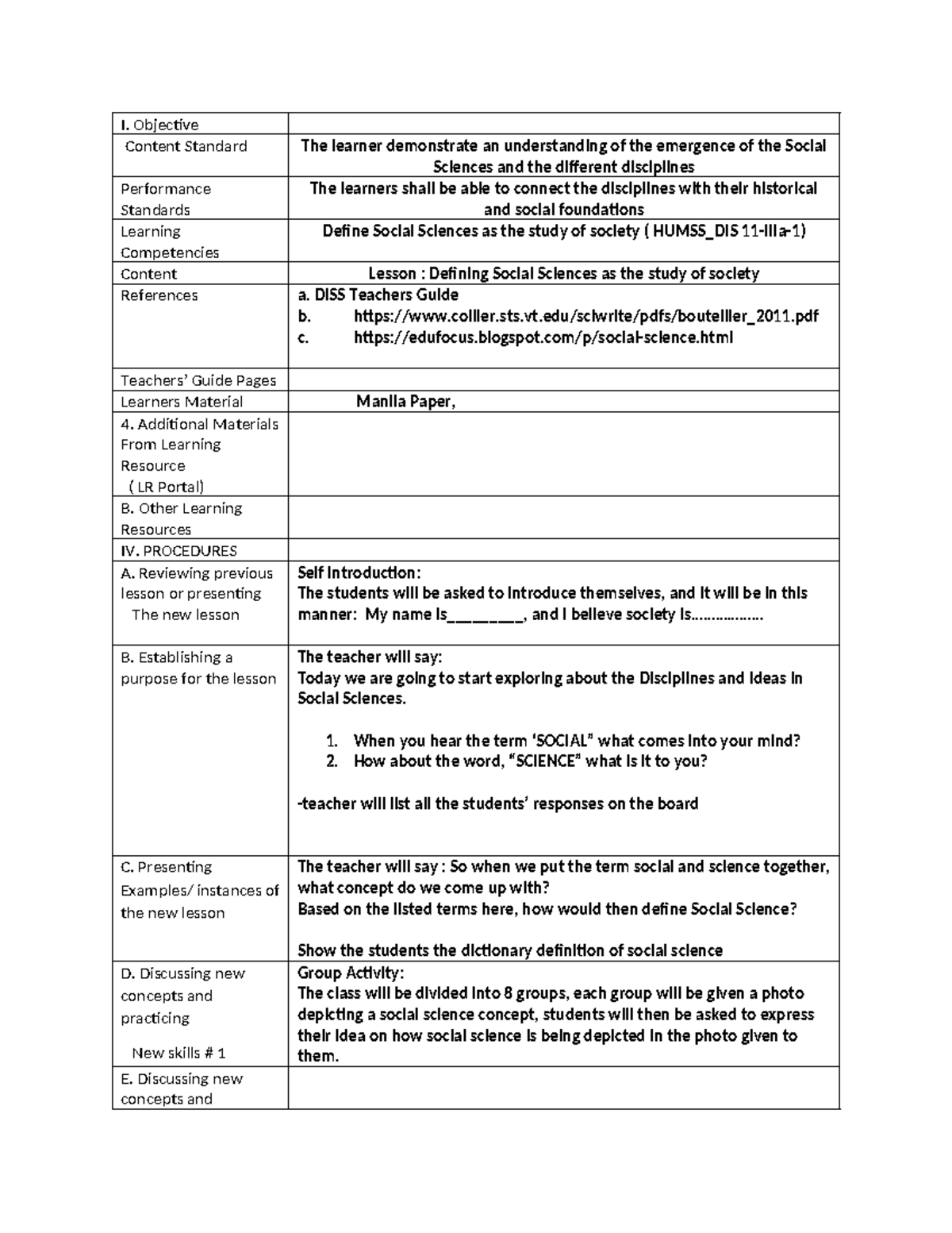 412790309 DISS Lesson Plan: Understanding Social Sciences Concepts ...
