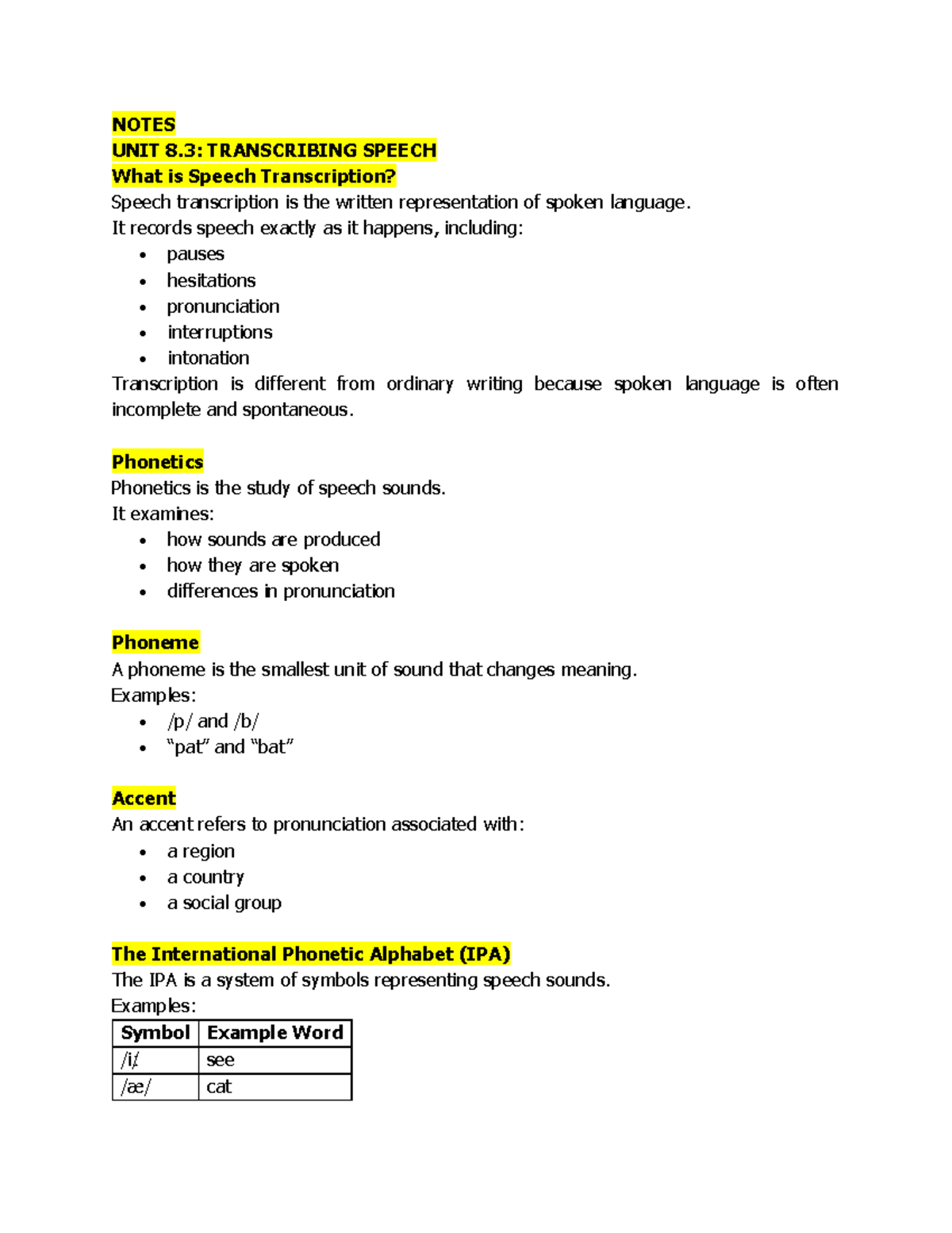 English UNIT 8.3: Notes on Speech Transcription and Phonetics - Studocu