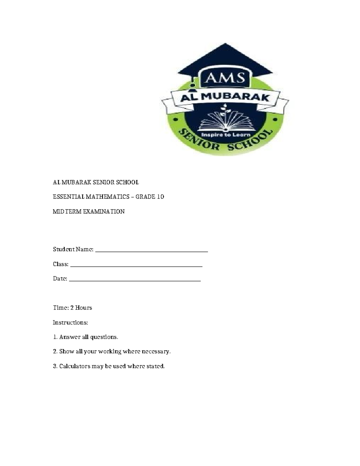 Grade 10 Essential Math Midterm Exam - Al Mubarak Senior School - Studocu