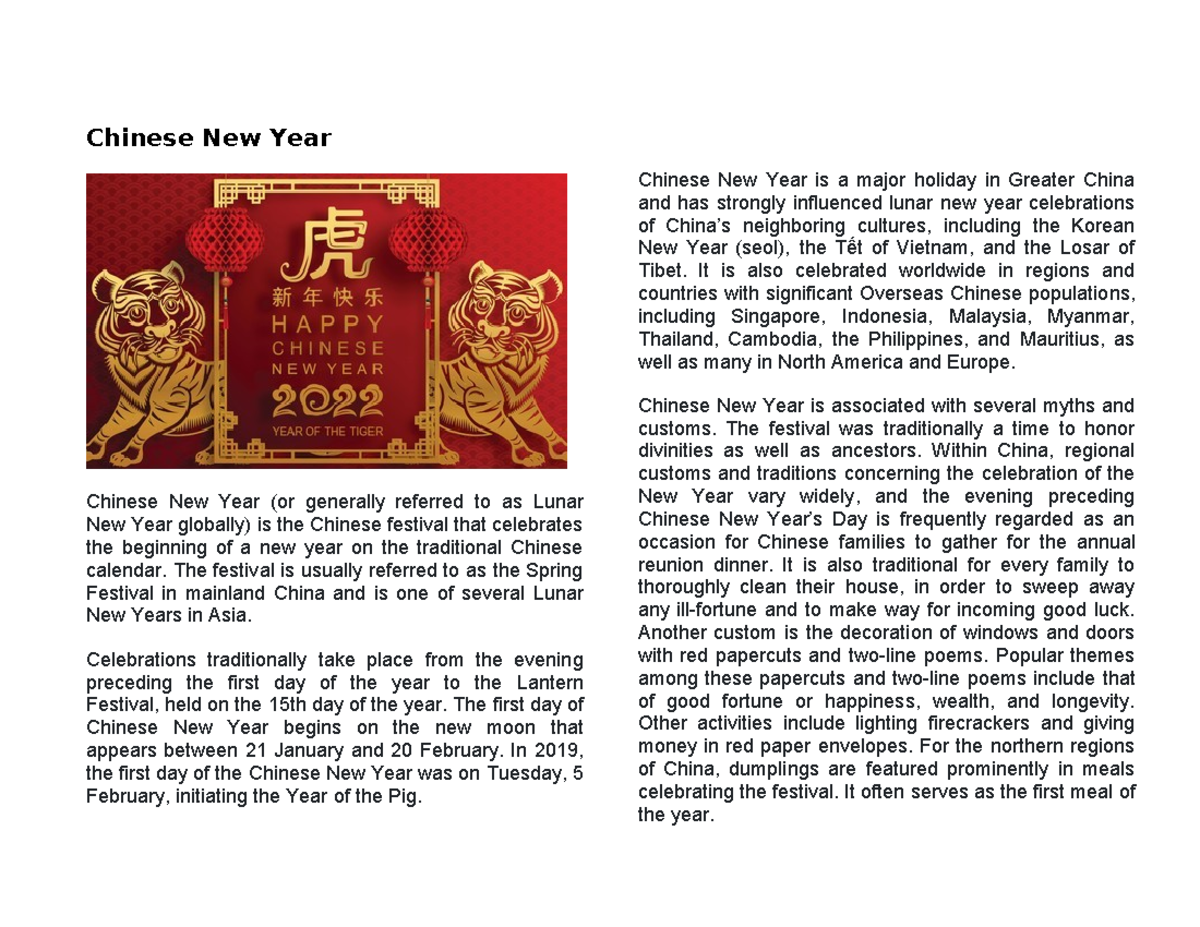 Reading Exercises - Chinese New Year Chinese New Year (or generally ...