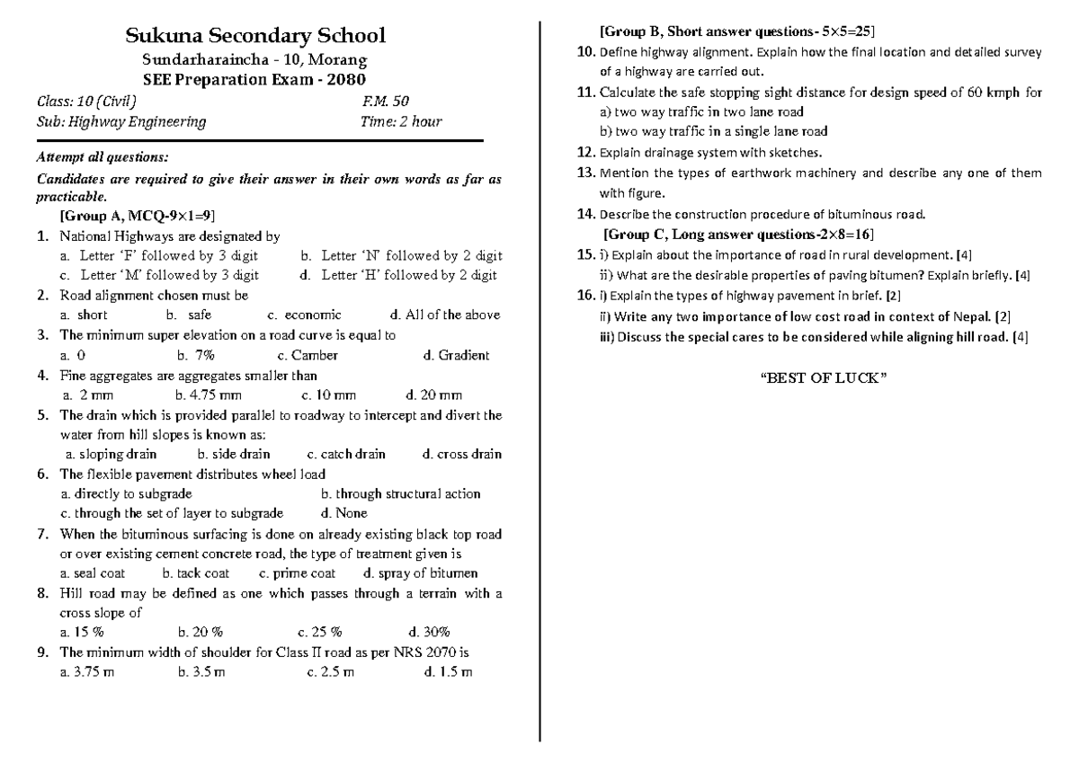 SEE Model Question for Highway Engineering (Class 10) Exam 2080 - Studocu