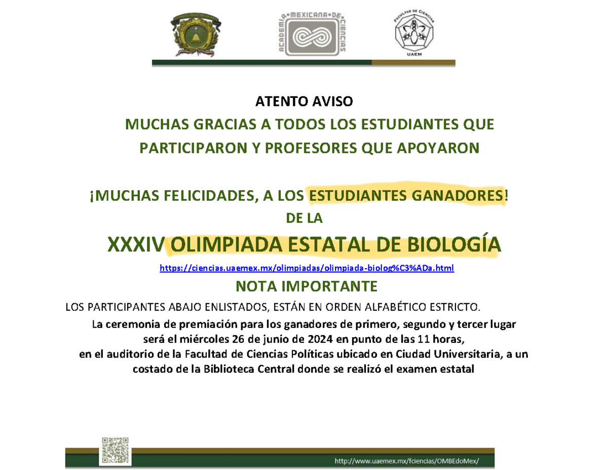 Resultados de la XXXIV Olimpiada Estatal de Biología 2024 - Studocu